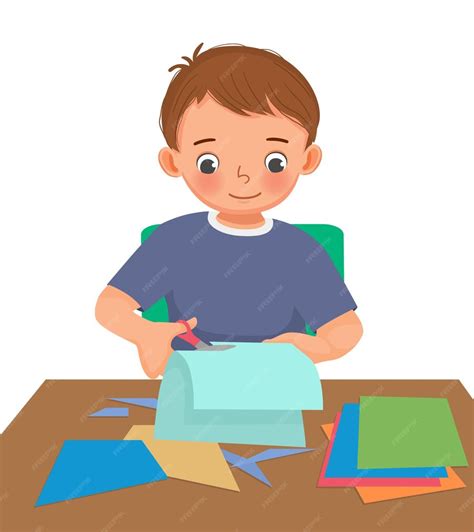 Premium Vector Cute Little Boy Cutting Colored Paper With Scissors