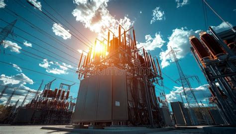 Electrical Substation Under A Blue Sky Power Distribution Transformers And Infrastructure