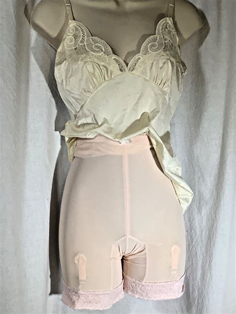 Vintage Pink Panty Leg Girdle Lace 60s Garters Shaper Corset Shorts S