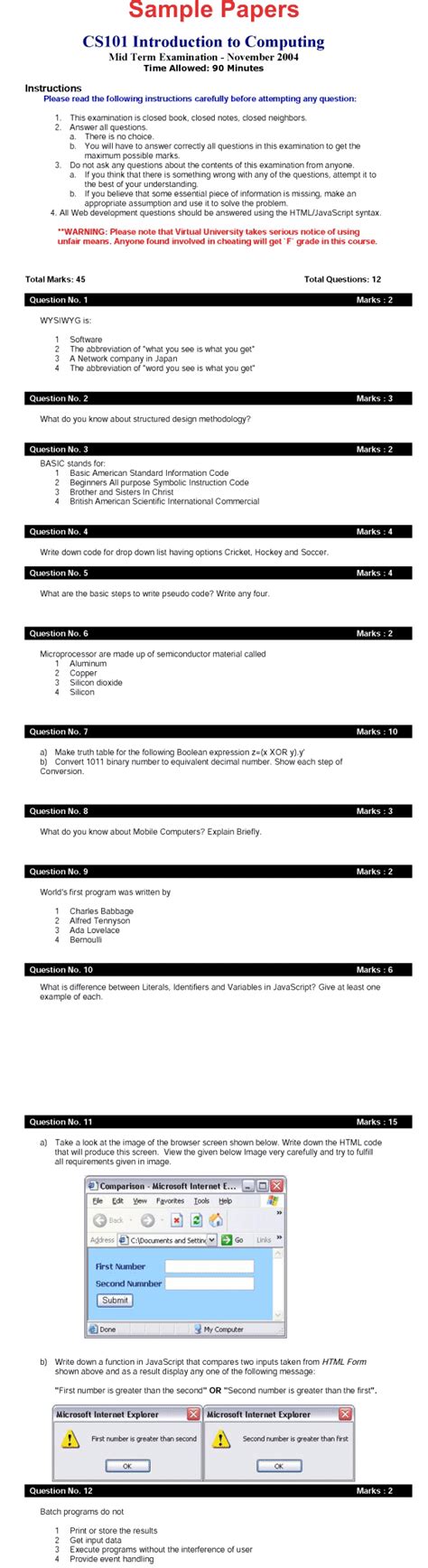 Cs101 Introudction To Computing Ad Database Management System Vu Past