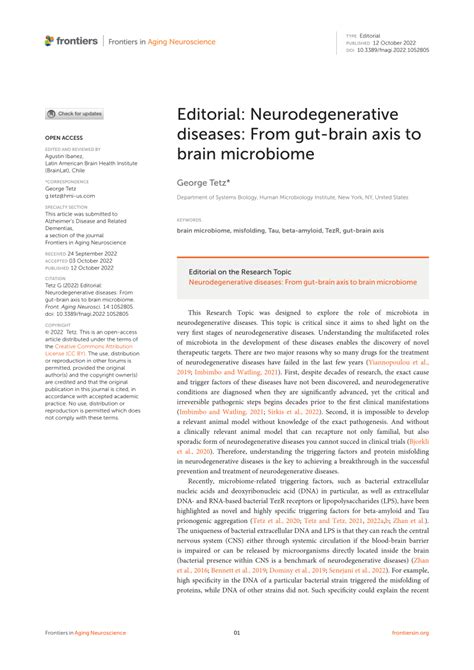 Pdf Editorial Neurodegenerative Diseases From Gut Brain Axis To Brain Microbiome