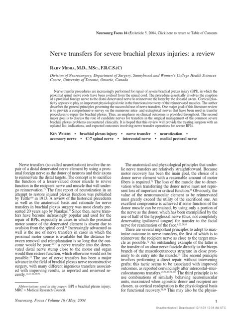 10920684 Neurosurgical Focus Nerve Transfers For Severe Brachial Plexus Injuries A Review