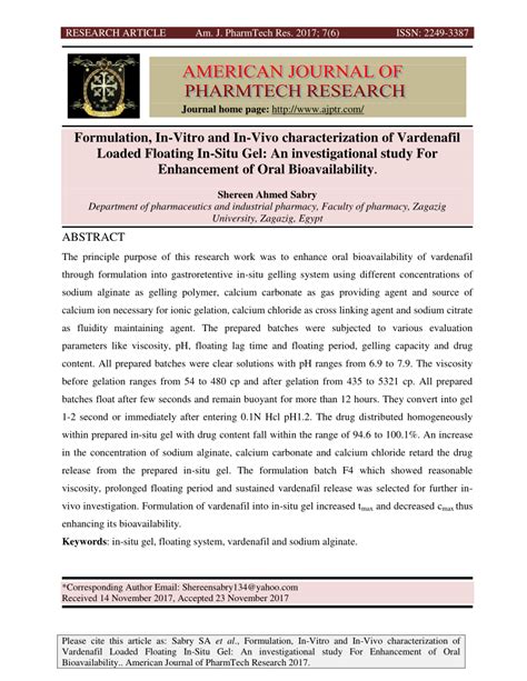 Pdf Formulation In Vitro And In Vivo Characterization Of Vardenafil