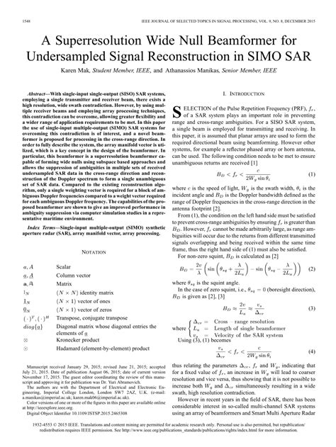 Pdf A Superresolution Wide Null Beamformer For Undersampled Signal Reconstruction In Simo Sar