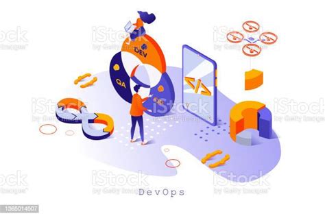3d 등대 설계의 Devops 개념 프로그래밍 및 개발 작업 작업 관리 및 워크플로 관리 서비스 사람 장면이 있는 웹 템플릿 웹 페이지의 벡터 그림 개발에 대한 스톡 벡터
