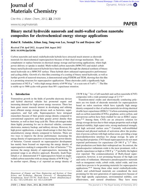 Pdf Binary Metal Hydroxide Nanorods And Multi Walled Carbon Nanotube Composites For