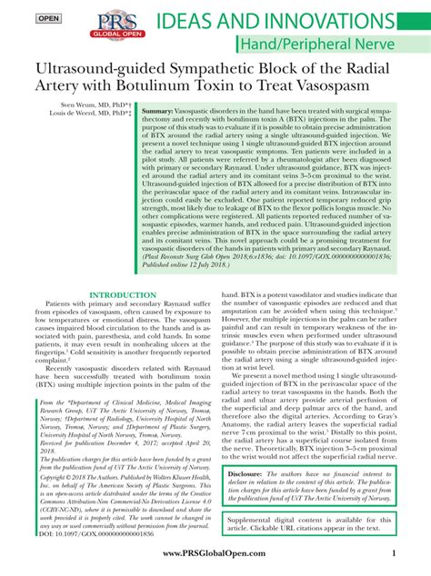 Pdf Ultrasound Guided Sympathetic Block Of The Radial Artery With Botulinum Toxin To Treat