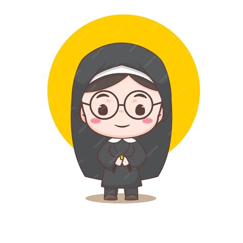 귀여운 수녀 만화 캐릭터 기독교와 가톨릭 종교 개념 디자인 직업 일러스트레이션 프리미엄 벡터