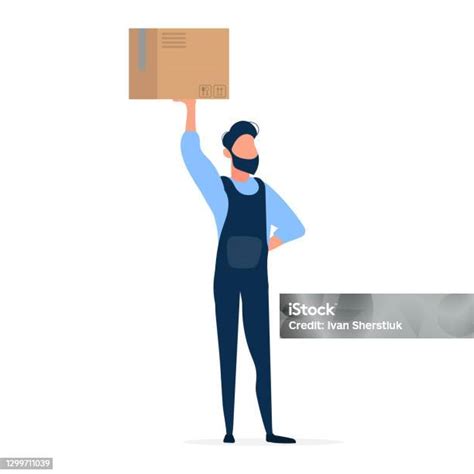 로더가 머리 위에 상자를 들고 있다 점프수트를 입은 남자가 상자를 들고 있다 상품의 배달 및 운송의 개념 격리 벡터 배달에 대한 스톡 벡터 아트 및 기타 이미지 Istock