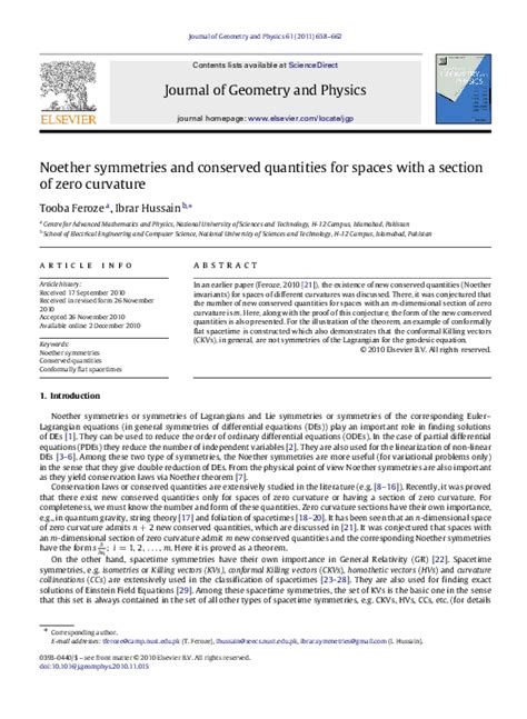 Pdf Noether Symmetries And Conserved Quantities For Spaces With A Section Of Zero Curvature