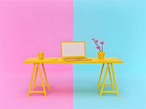 노트북 꽃전화와 커피 컵 3d 렌더링을 갖춘 창의적인 최소한의 작업 공간 현대적인 사무용 책상 프리미엄 사진