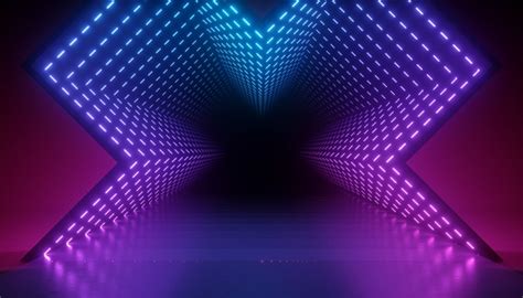 3d 렌더링 추상 네온 배경 터널 내부의 빛나는 분홍색 파란색 Led 조명 착시 원근보기가있는 기하학적 모양 모던한 미니멀 한 디자인 빈 무대 바닥 반사 3차원 형태에 대한