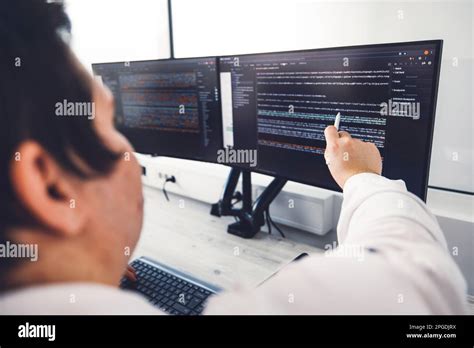 Close Up Over The Shoulder View Unrecognizable Man Programmer Coding