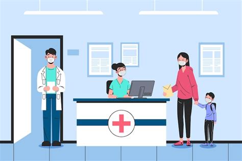 손으로 그린 병원 리셉션 현장 무료 벡터