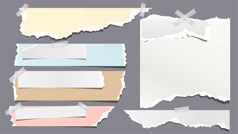흰색 화려한 찢어진 찢어진 노트 노트북 종이 스트립 어두운 회색 배경에 끈적 끈적한 테이프붙어 벡터 일러스트레이션 0명에 대한