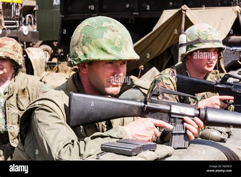 Vietnam War Rolling Thunder Re Enactment Group Two Marines On Stand By Alert Standing In