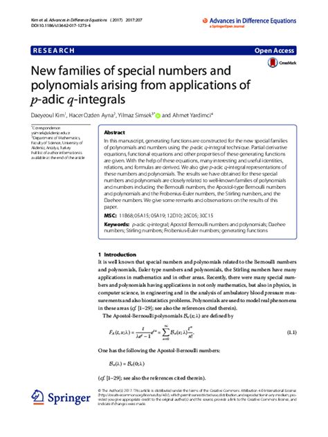 Pdf New Families Of Special Numbers And Polynomials Arising From Applications Of P Adic Q