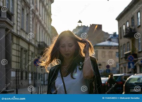 Beautiful Girl Is Looking Down Street Fashion Photo Shoot On A City