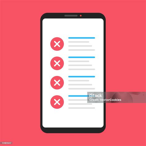 점검 표 빨간색 X 표시가있는 스마트 폰 휴대 전화 화면의 크로스 마크 설문 조사 체크리스트 실패 실패한 작업 잘못 채워진 양식 설문 조사 개념 벡터 일러스트 레이 션