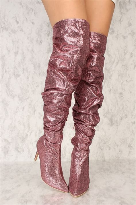 Sexy Purple Glitter Pointy Toe Thigh High Boots Shoes Post