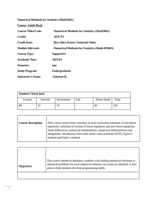 Numerical Methods For Statistics Course Outline Pdf Numerical