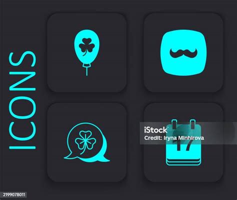 달력 풍선 클로버 트레 포일 잎 콧수염 및 클로버 아이콘으로 세인트 패트릭 데이를 설정하십시오 검은색 사각형 버튼입니다 벡터 3에 대한 스톡 벡터 아트 및 기타 이미지