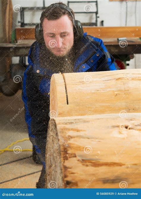Man With Chainsaw Cuts A Tree Trunk Stock Image Image Of Place Concentrate 56085929