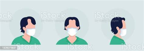 마스크 세트와 어두운 머리 세미 플랫 컬러 벡터 캐릭터 아바타 2차 도형에 대한 스톡 벡터 아트 및 기타 이미지 2차 도형 가공의 인물 가리기 Istock
