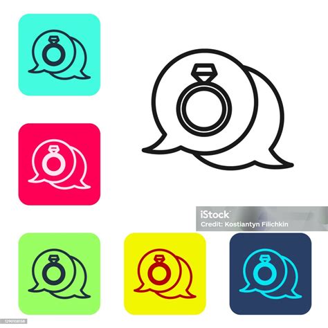 흰색 배경에 격리 된 블랙 라인 다이아몬드 약혼 반지 아이콘 색상 정사각형 단추로 아이콘을 설정합니다 벡터 0명에 대한 스톡 벡터 아트 및 기타 이미지 Istock