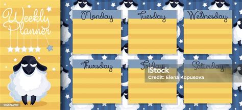 만화 스타일의 일일 계획 개념 별이 있는 추상적인 화려한 밤 배경에 귀여운 졸린 양들이 있는 주간 할 일 목록 앱 웹사이트 프레젠테이션 또는 디자인을 위한 현대적인 창의적인