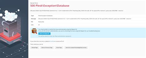 Plesk Panel 500 Pleskexceptiondatabase Hatası