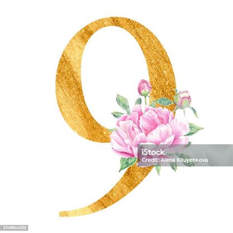 숫자 9 골드 수채화 모란 장미 식물 꽃 가지 꽃다발 구성 청첩장 베이비 샤워 생일 카드 모노그램 로고에 대한 영어 알파벳 디자인을 위한 예술 흰색 배경에 숫자 9 0명에