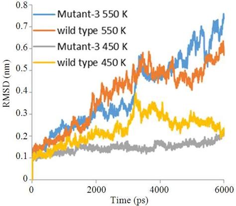rmsd value of mutant 3 and wild type calb at 450 and 550 k simulation