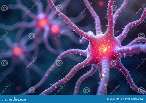 Macro View Of Nerve Cell Inside Brain Complex 3d Structure With Glowing Energy Bursts Shows