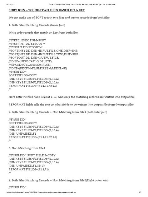 Jcl Sort Join To Join Two Files Based On A Key F1 Pdf