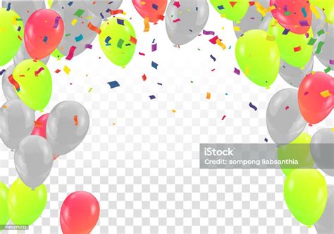 화려한 풍선과 색종이 조각이 있는 축하 배경 벡터 그림입니다 3차원 형태에 대한 스톡 벡터 아트 및 기타 이미지 3차원 형태 공휴일 금색 Istock