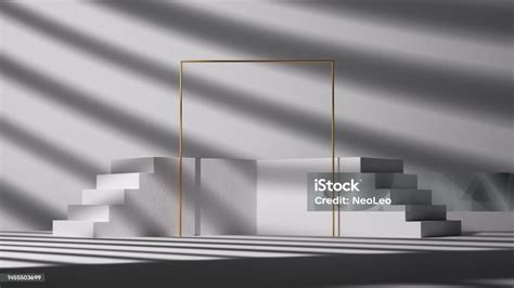 3d 렌더링 그림자가 있는 추상 배경 흰색 계단 및 금색 사각형 프레임 제품 프레젠테이션을 위한 빈 쇼케이스 장면 강단에 대한 스톡 사진 및 기타 이미지 Istock
