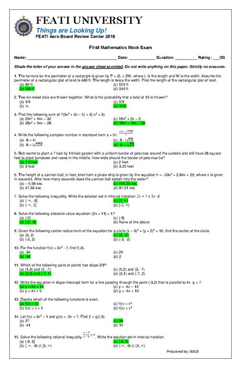 First Mock Exam Mathematics Answer Key Prepared By Jggd Feati University Things Are Looking Up