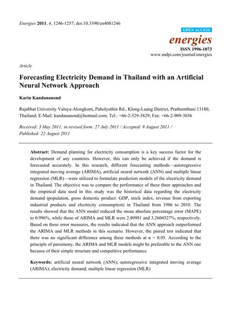 Pdf Forecasting Electricity Demand In Thailand With An Artificial Neural Network Approach