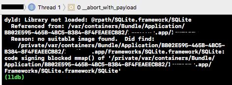 Ios Dyld Abort With Payload Dyld Library Not Loaded Rpath SQLite Framework SQLite Xcode