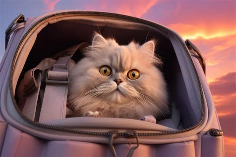 Premium Ai Image Cat In Carrying Case At Airplane In Sunrise