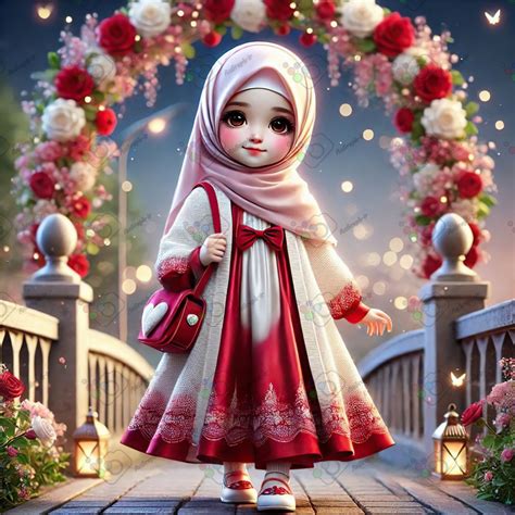 بک گراند کودکانه دختر ناز با حجاب با کیف قرمز ایستاده روی پل سنگی کد