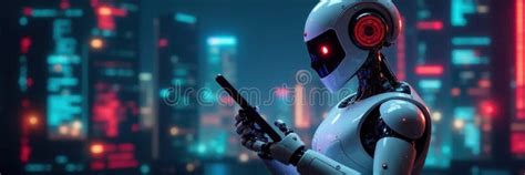 Robot With Tablet Data Streams Shown Ml Process Circuit Digital Automation Stock