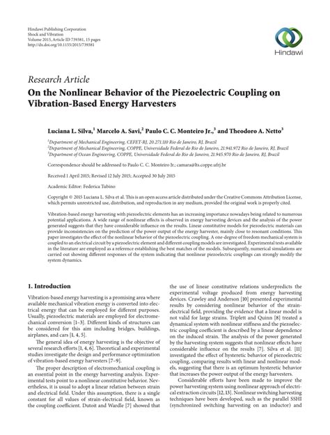Pdf On The Nonlinear Behavior Of The Piezoelectric Coupling On Vibration Based Energy Harvesting