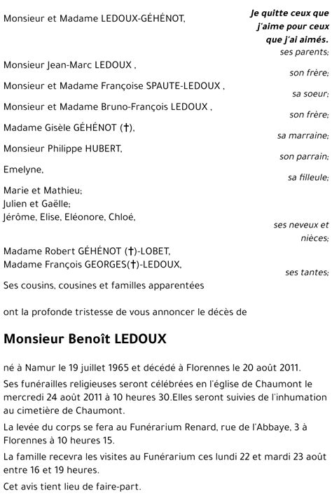 Avis De Décès De Benoît Ledoux Décédé Le 20 08 2011 à Florennes Annonce Condoléances Fleurs