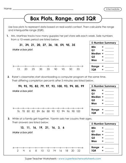box plots range and iqr intermediate printable pdf worksheet