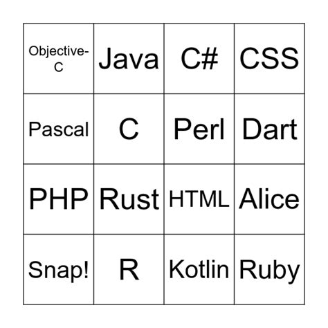 CS Programming Languages Bingo Card