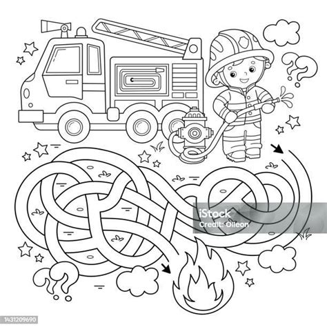 미로 또는 미로 게임 수수께끼 얽힌 도로 색칠 공부 페이지 개요 만화 소방관 또는 소방관과 소방차 소방 아이들을위한 색칠 공부 책 교육에 대한 스톡 벡터 아트 및 기타