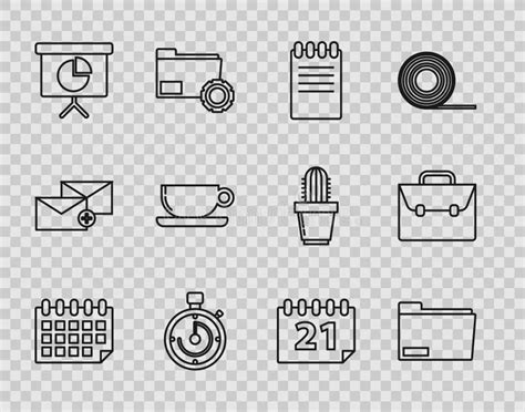 Set Line Calendar Document Folder Notebook Briefcase Presentation Financial Board With Graph