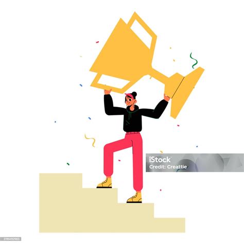 성취 승리 그리고 축하를 상징하는 평면 벡터 일러스트 레이 션에서 트로피를 들고 여성 캐릭터 흰색 배경에 고립 1위에 대한 스톡 벡터 아트 및 기타 이미지 Istock